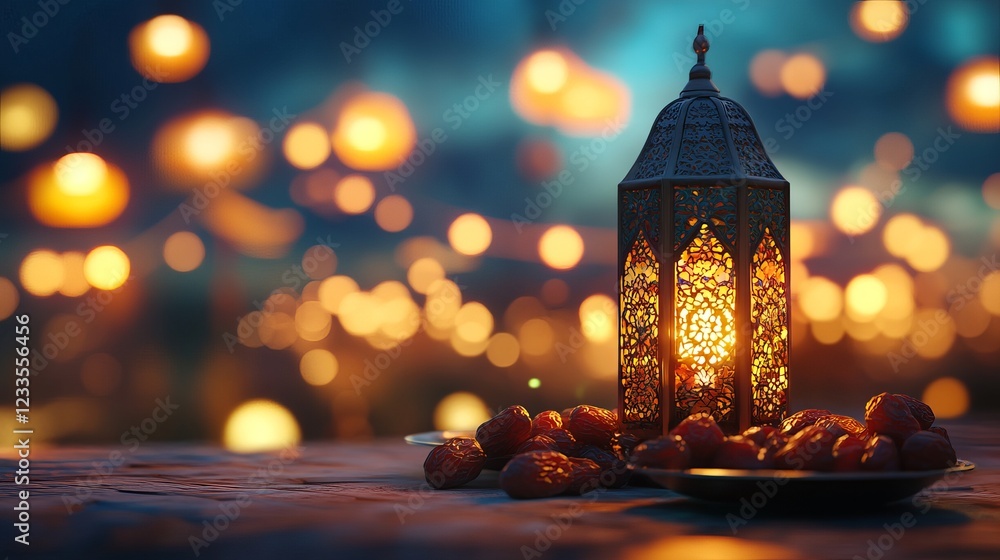Traditional ramadan iftar setup with dates and lantern in evening light ...