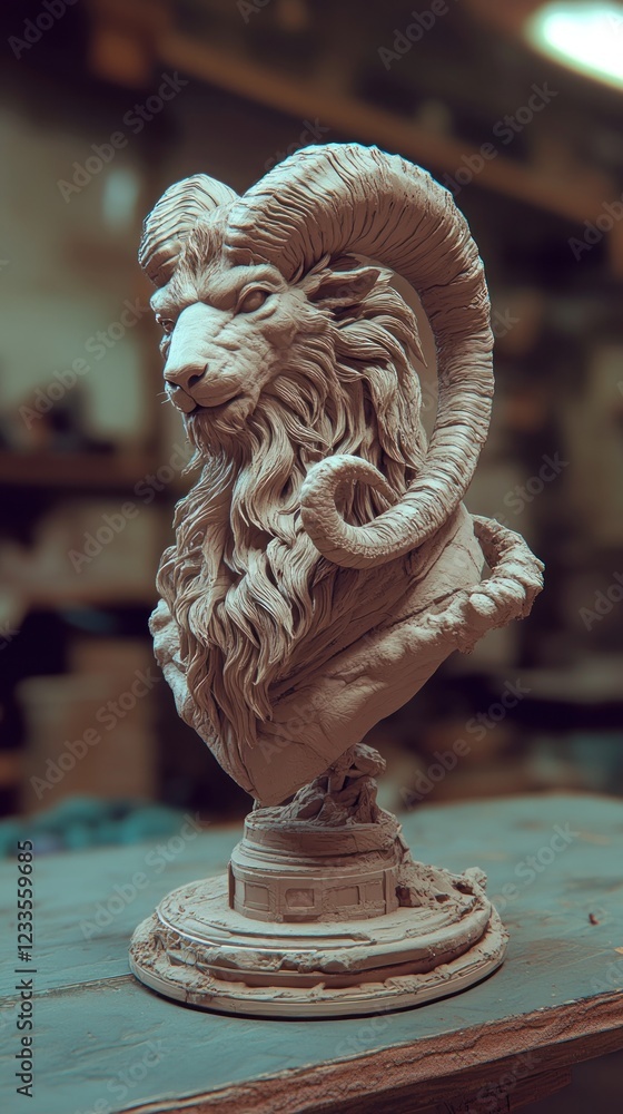 Clay bust sculpture of a majestic ram with large horns, detailed fur ...