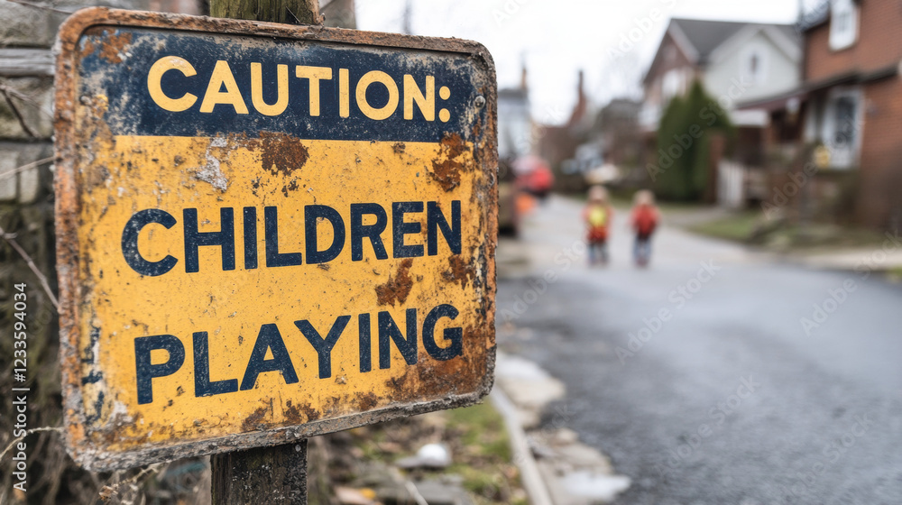 Warning sign, A caution sign indicating children playing in a suburban ...