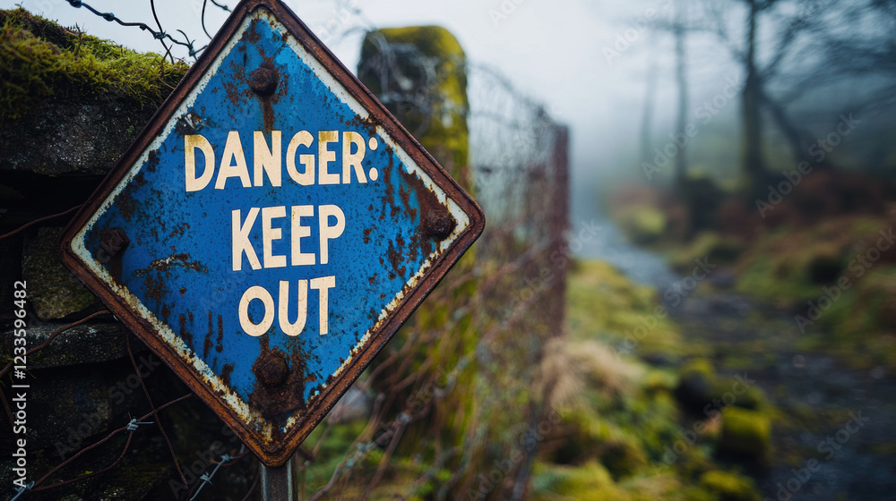 Warning sign, A high-fidelity image of a rusty warning sign featuring ...