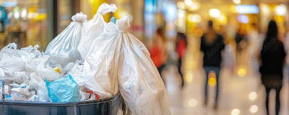 Overflowing Trash Bin in Busy Shopping Mall Capturing Urban Waste ...