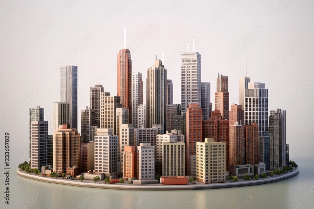 Low-poly city model island, futuristic cityscape, white background ...