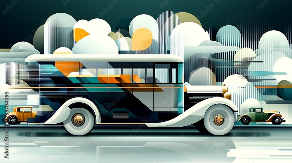Vintage bus driving through stylized city, Art Deco style ...