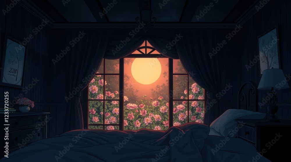 An eerie and spooky image in the manner of Isekai anime shows a bedroom ...