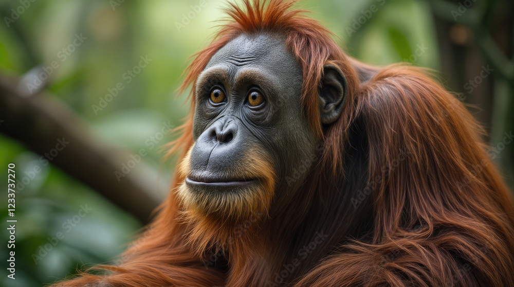 An old and wise orangutan with a surprised expression on his face ...