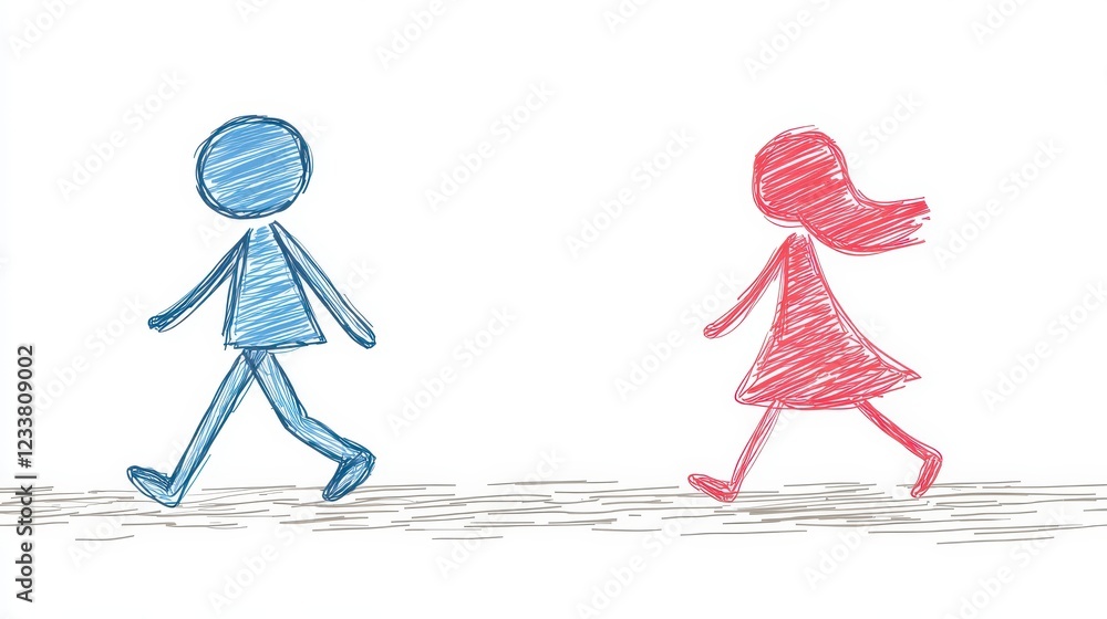 A stick figure man and woman are depicted walking side by side in a ...