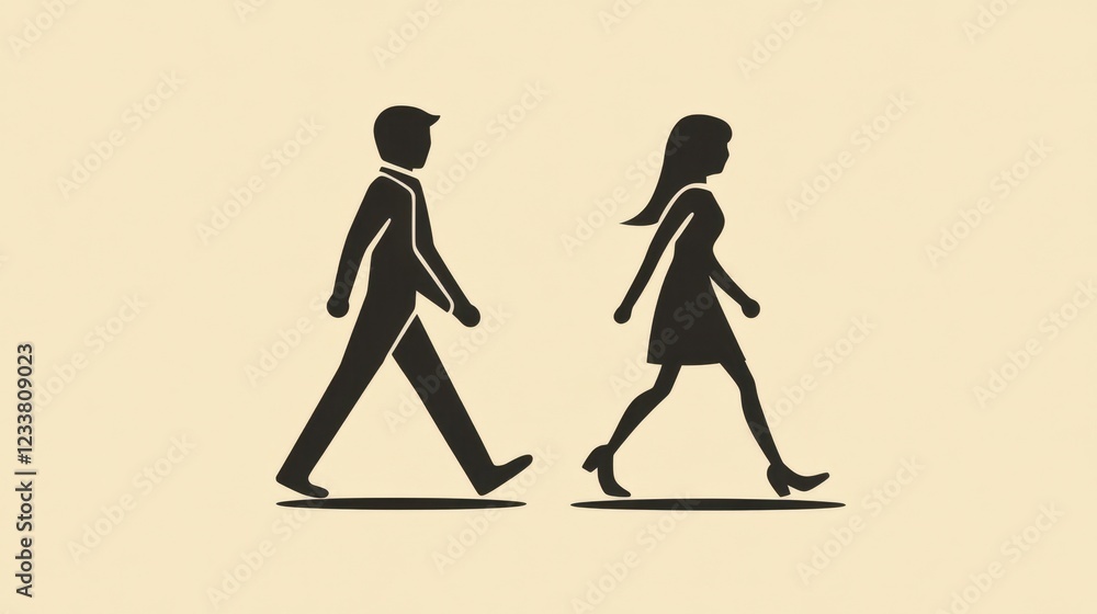 A stick figure man and woman are depicted walking side by side in a ...
