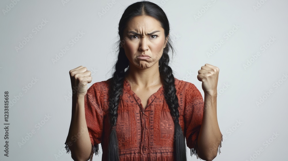 Empowered woman expressing fierce determination and resilience in a ...