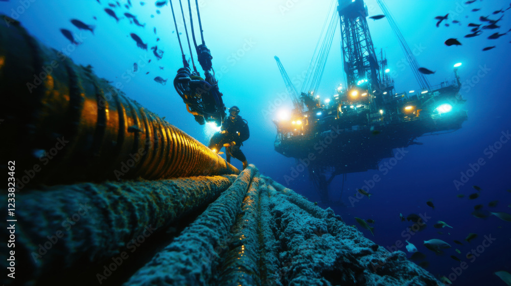 deep sea industrial diver working on underwater pipes near oil rig ...