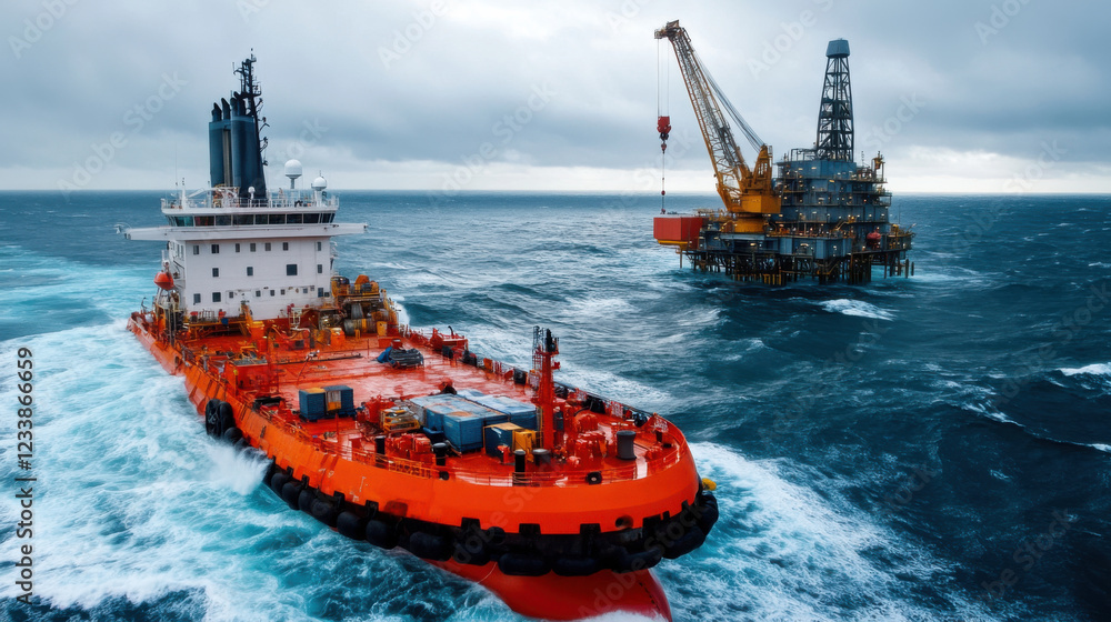 powerful offshore supply vessel navigates turbulent waters near oil rig ...