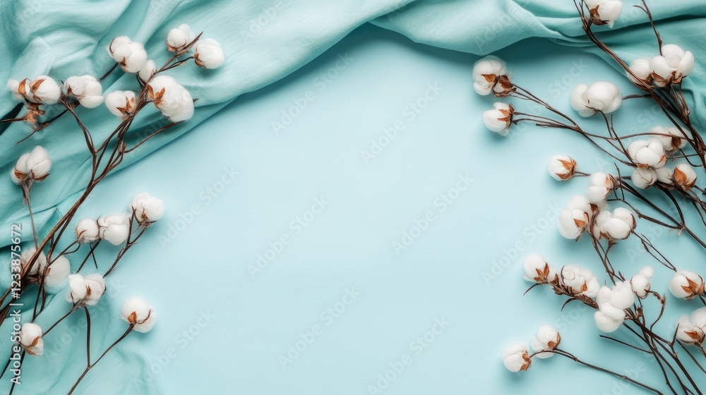 Cotton T-shirt mockup surrounded by cotton branches on a light blue ...