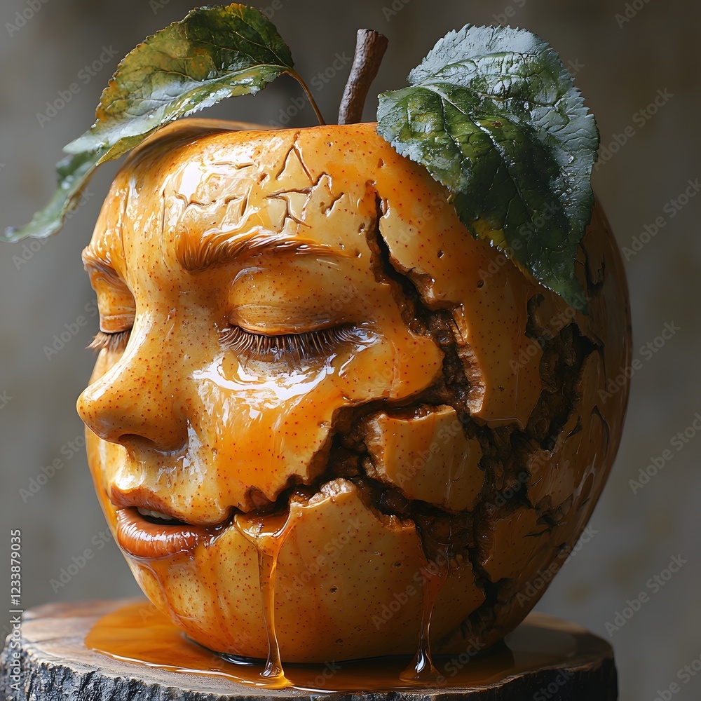 Apple in a vise anthropomorphic face twisted in agony as juice is ...