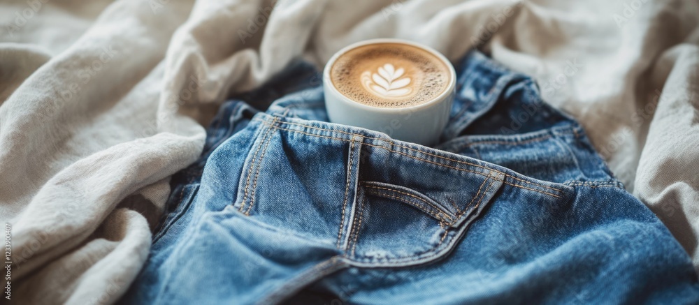 Cup of coffee with latte art placed in the pocket of blue denim jeans ...