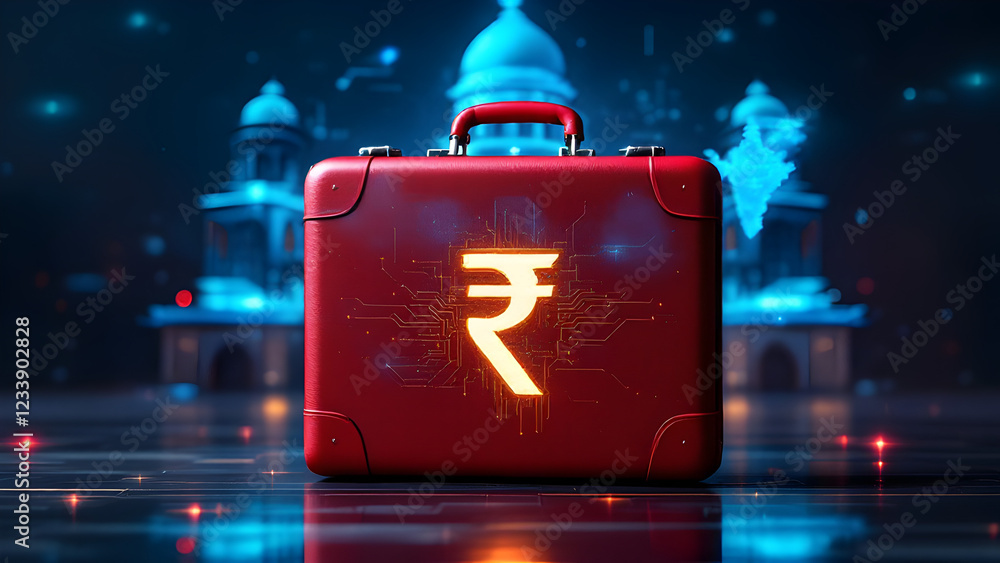 union budget' illustration on digital map of India. Budget briefcase ...