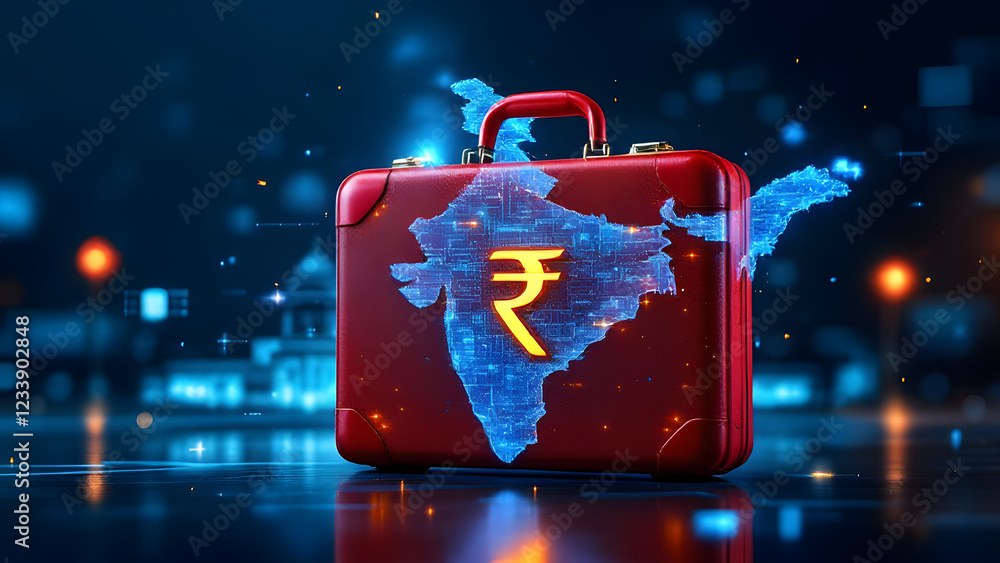 union budget' illustration on digital map of India. Budget briefcase ...