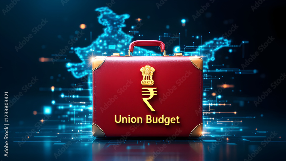 union budget' illustration on digital map of India. Budget briefcase ...