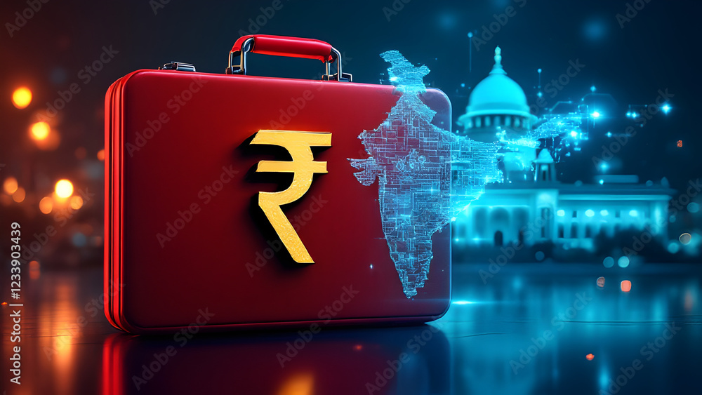 union budget' illustration on digital map of India. Budget briefcase ...