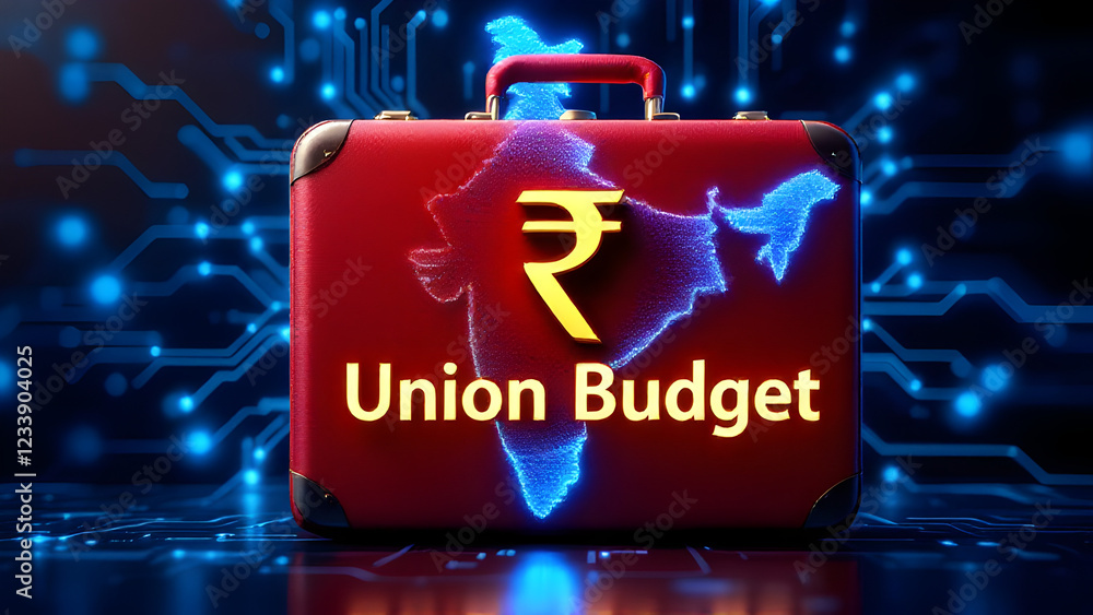union budget' illustration on digital map of India. Budget briefcase ...