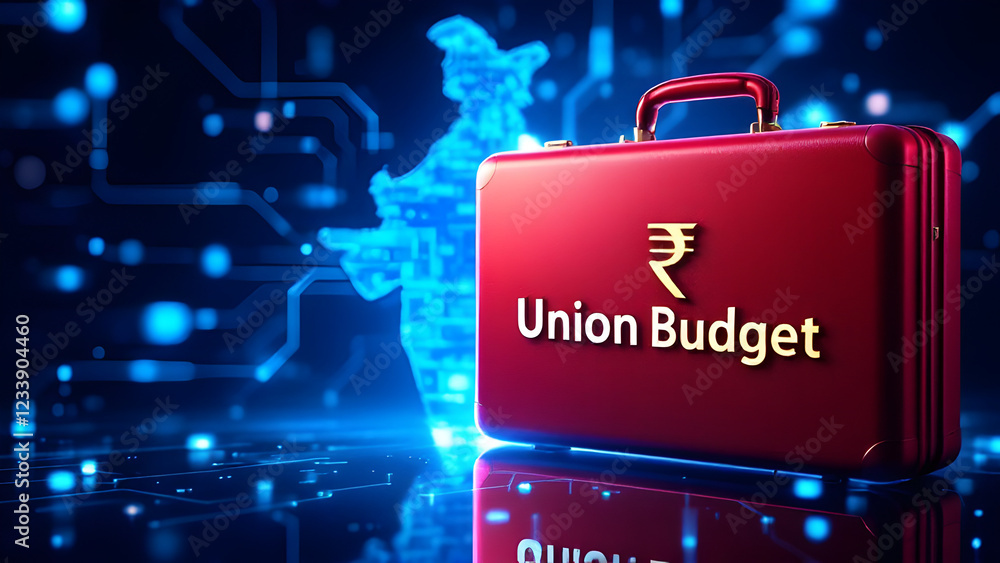 union budget' illustration on digital map of India. Budget briefcase ...