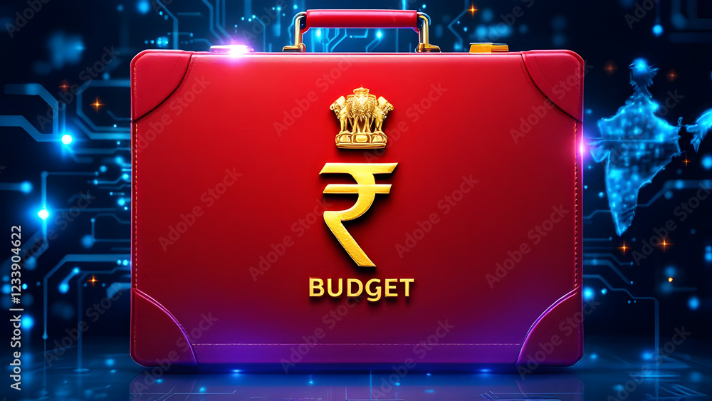union budget' illustration on digital map of India. Budget briefcase ...