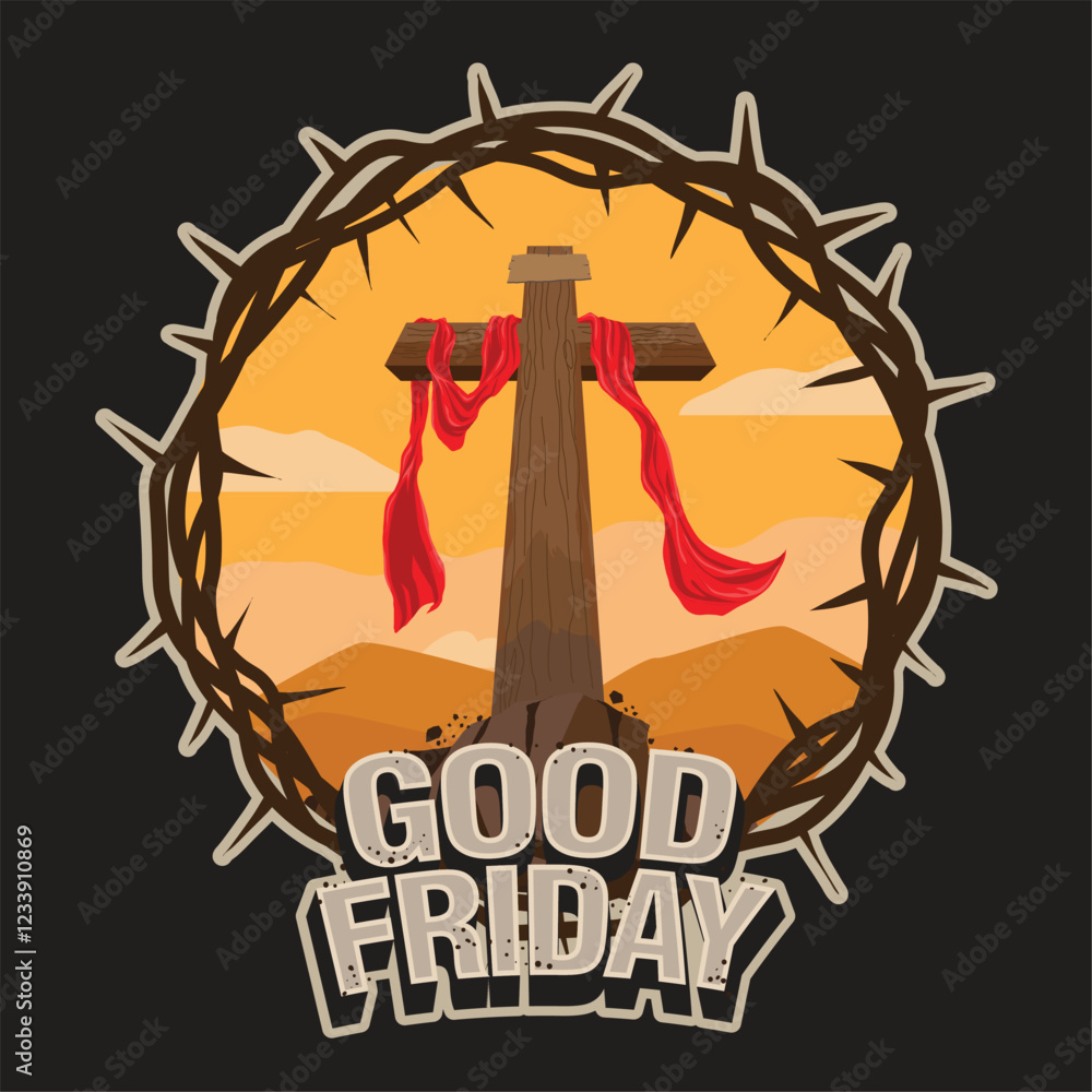 Good Friday Image. A standing cross, a red cloth hanging from the top ...