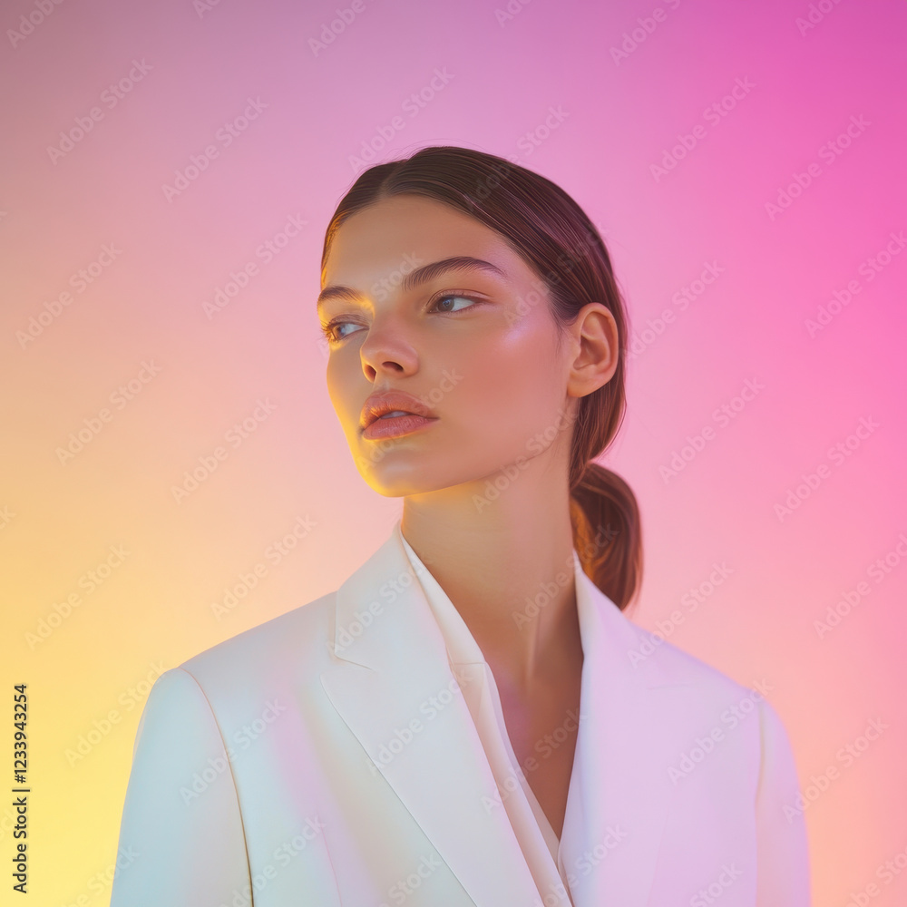 portrait of model with slicked back hair wearing white suit, exuding ...
