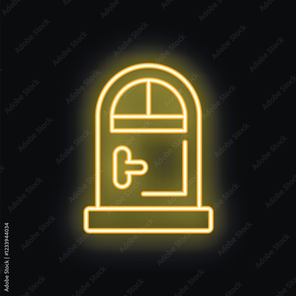 Yellow neon sign depicting a closed door with arched window and door ...
