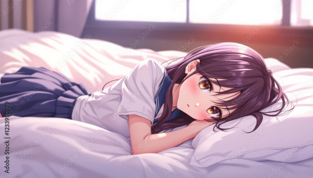 Cute Anime Girl Sleeping on White Bed Wallpaper Stock Illustration ...