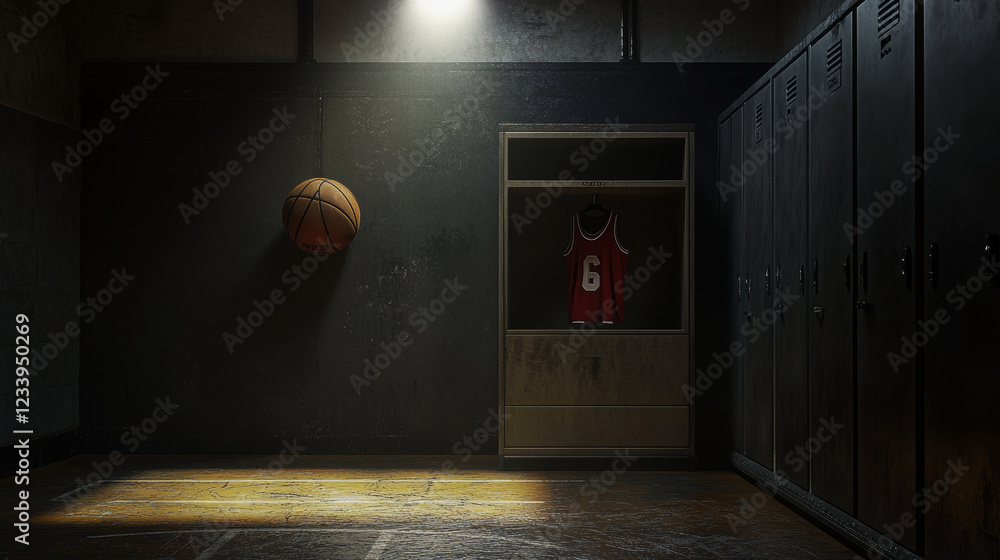 Basketball locker room with spotlight on the basketball ball and jersey ...