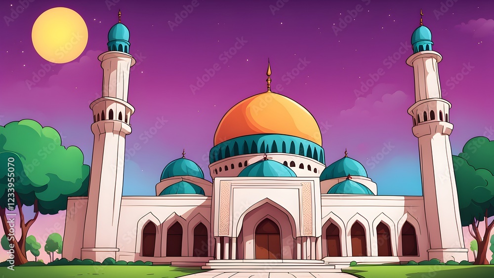 Cartoon illustration of a majestic mosque under a vibrant night sky ...