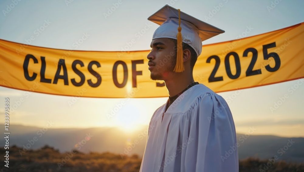 Young man in a white graduation cap and gown standing under a "Class of ...