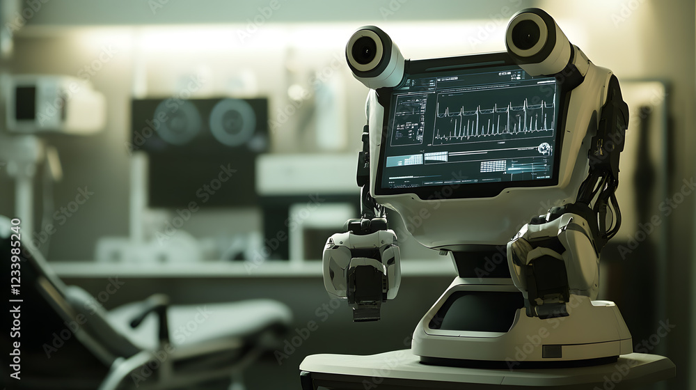 A futuristic medical robot with a screen displaying vital signs stands ...