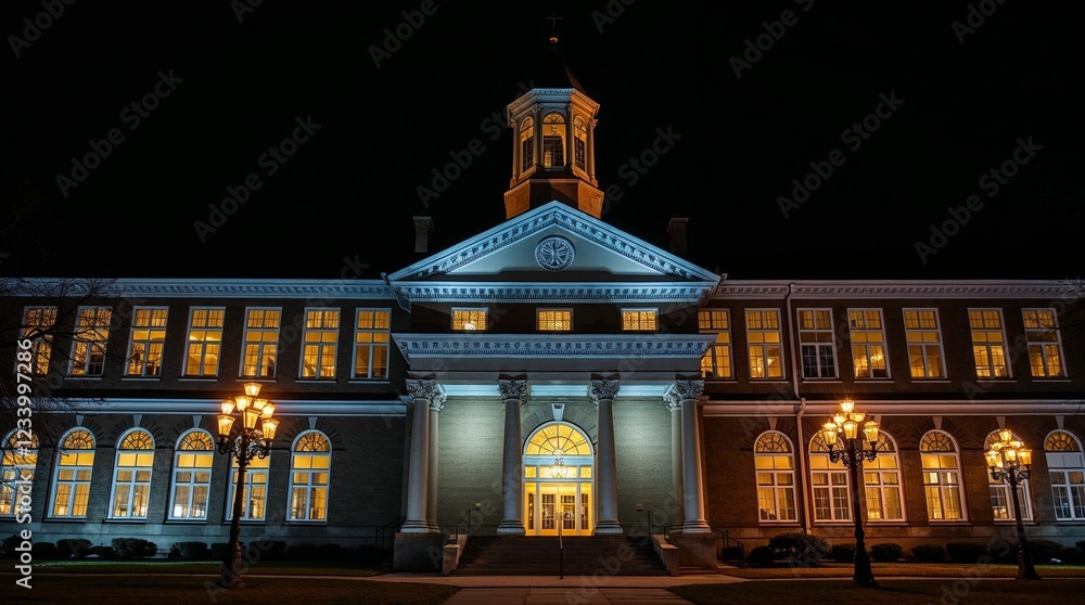 Illuminated historic building at night with classical architecture and ...