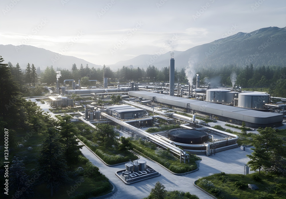 A long row of gas pipelines, a gas processing plant, gas fields, and ...