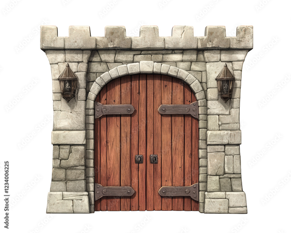 castle style stone gate with large wooden doors, featuring medieval ...