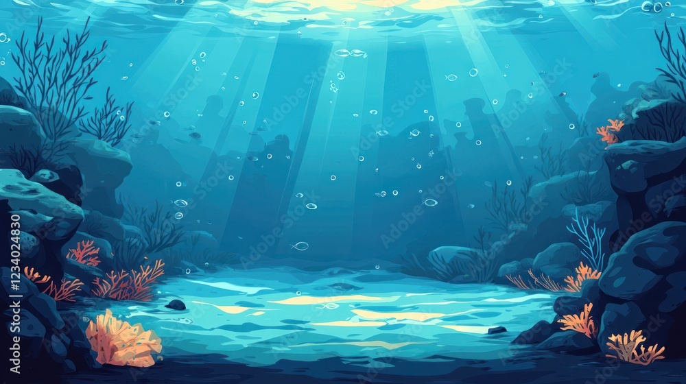 Underwater scene sunlit ocean floor, coral reef, background fish, game ...