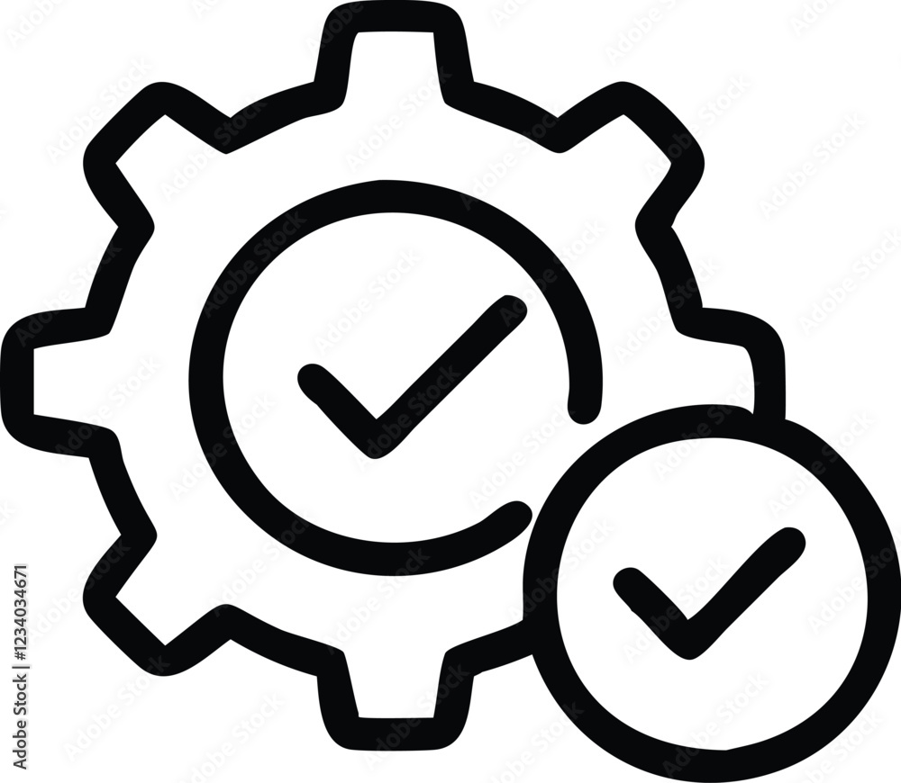 Minimalist icon, black and white, gear symbol, checkmark inside gear ...