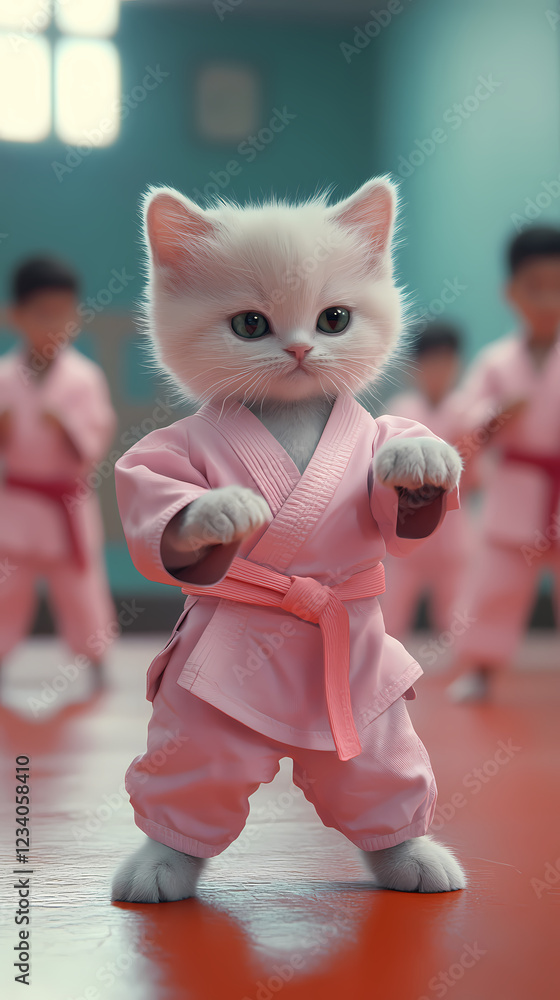 Cute kitten practicing karate in a dojo with young martial artists ...