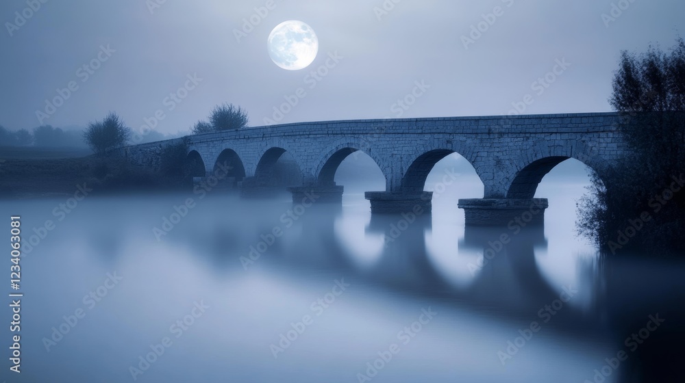 Quiet stone bridge arches gracefully over misty waters under the ...