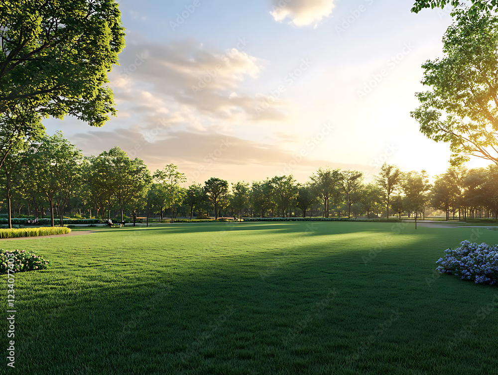 large park with a combination of green spaces, open fields, and ...