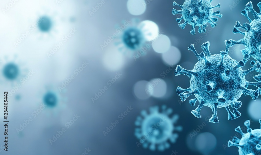 Microscopic view of virus particles in blue light, representing the ...