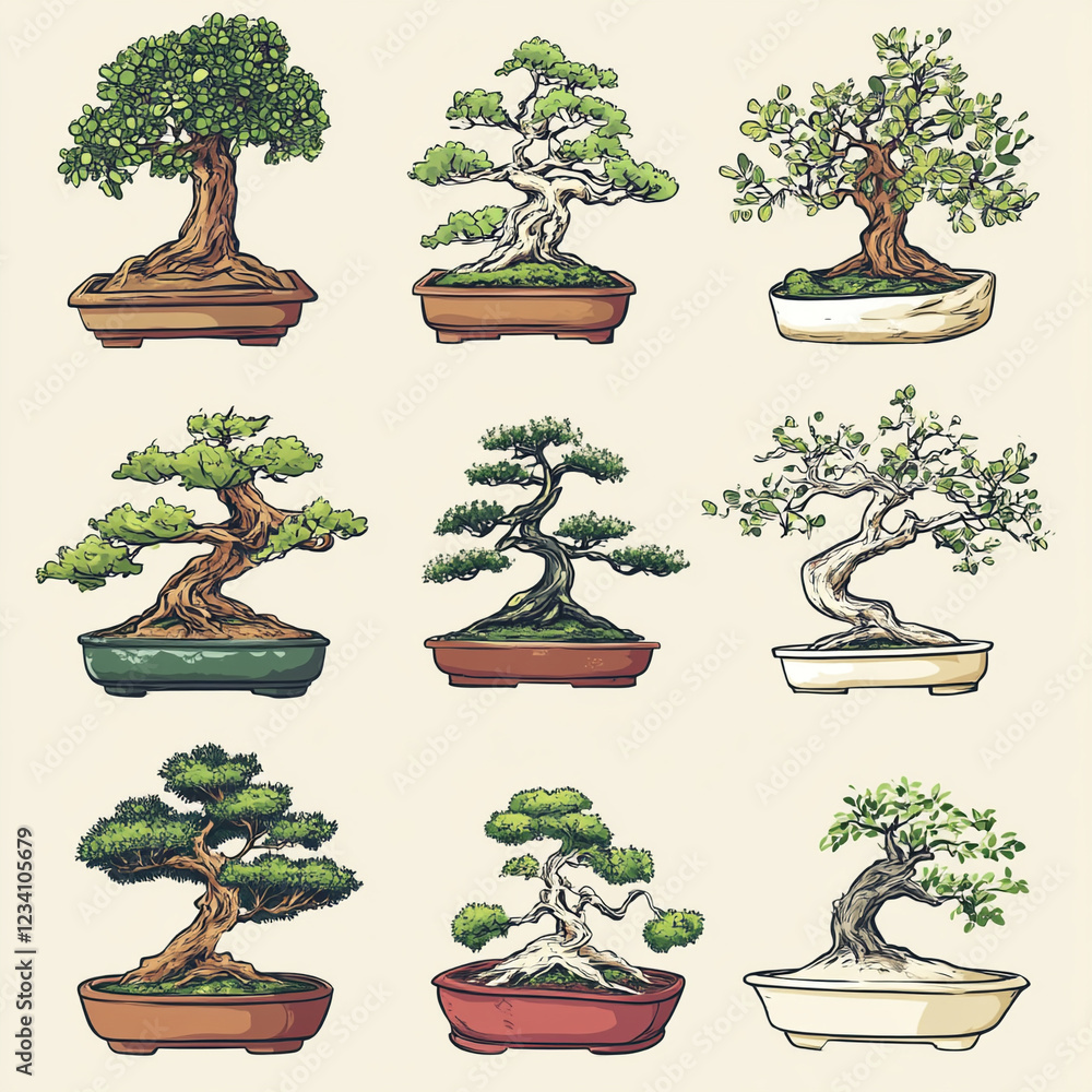 Bonsai Tree Collection: Nine meticulously illustrated bonsai trees in ...
