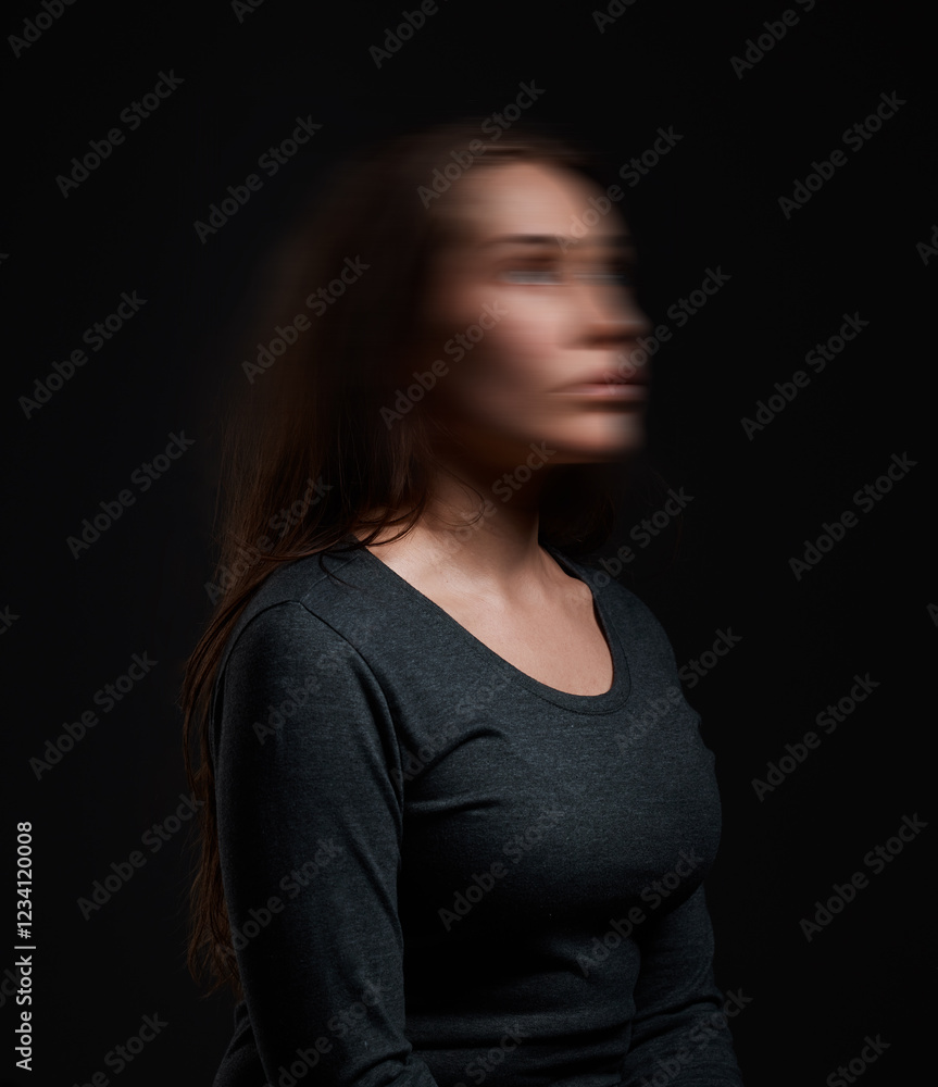 Woman, face and blur in studio for mental health, identity crisis and ...