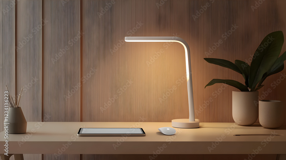 desk setup with a tablet, a wireless mouse, and a modern desk lamp in a ...