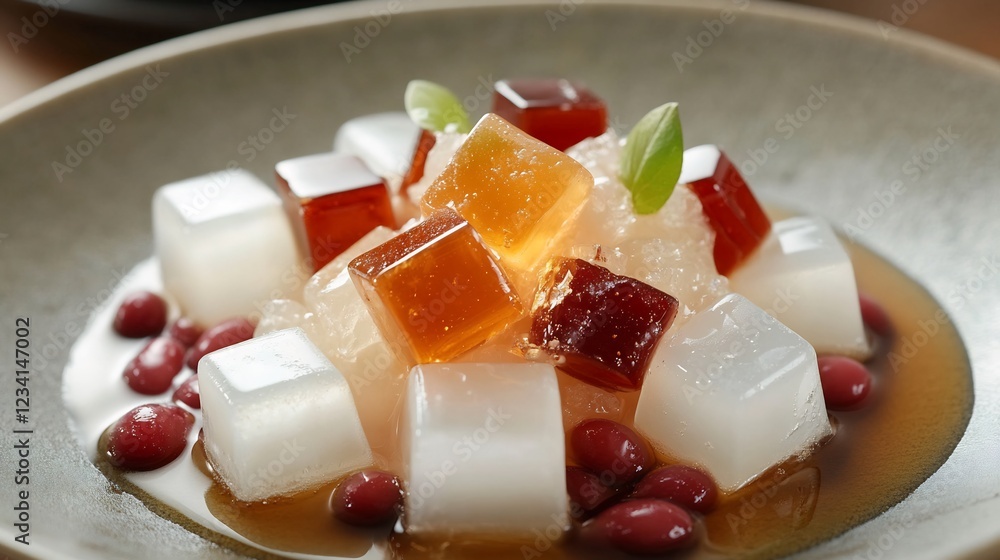 Freshly made anmitsu dessert featuring jelly cubes sweet red beans a ...