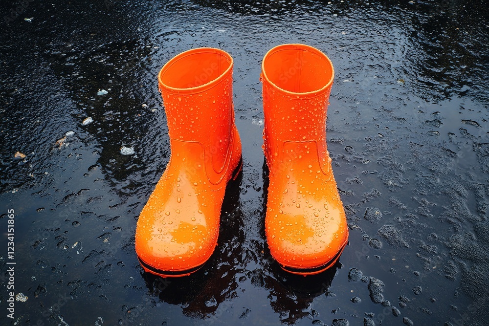 Bright orange rain boots are positioned on a wet, reflective pavement ...