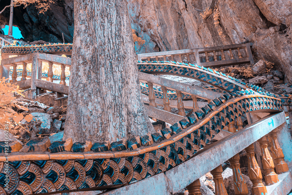 Infrared effect, a winding pathway that snakes through a rocky ...