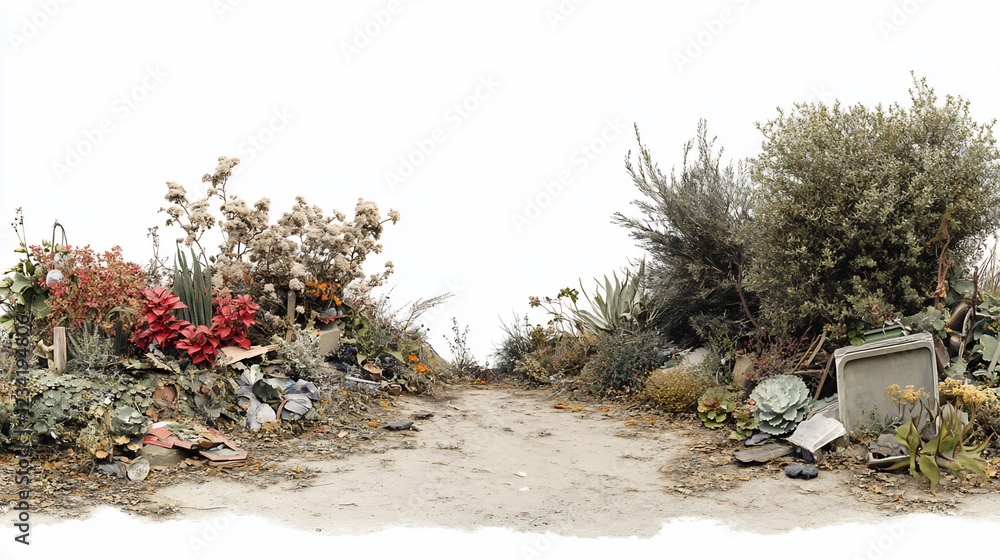 Dusty roadside path, overgrown with weeds and littered with trash ...