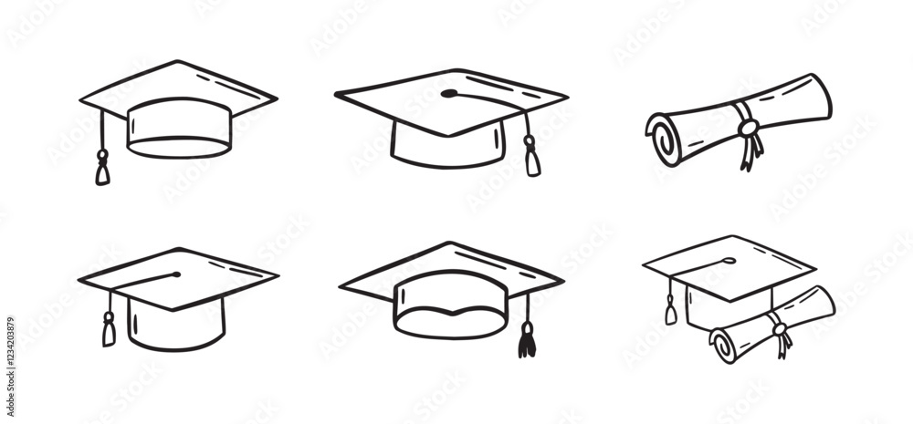 Graduation hat set. Hand drawn doodle Graduation hats sketch line ...