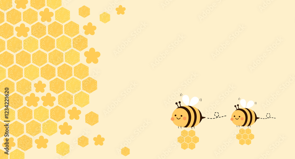 Beehive honey sign with hexagon grid cell, cute bee cartoons and flower ...